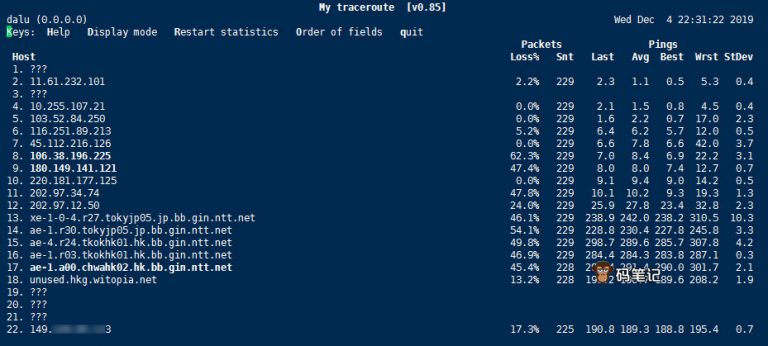 mtr网络链路路由测试工具使用方法及数值结果说明 | 码笔记